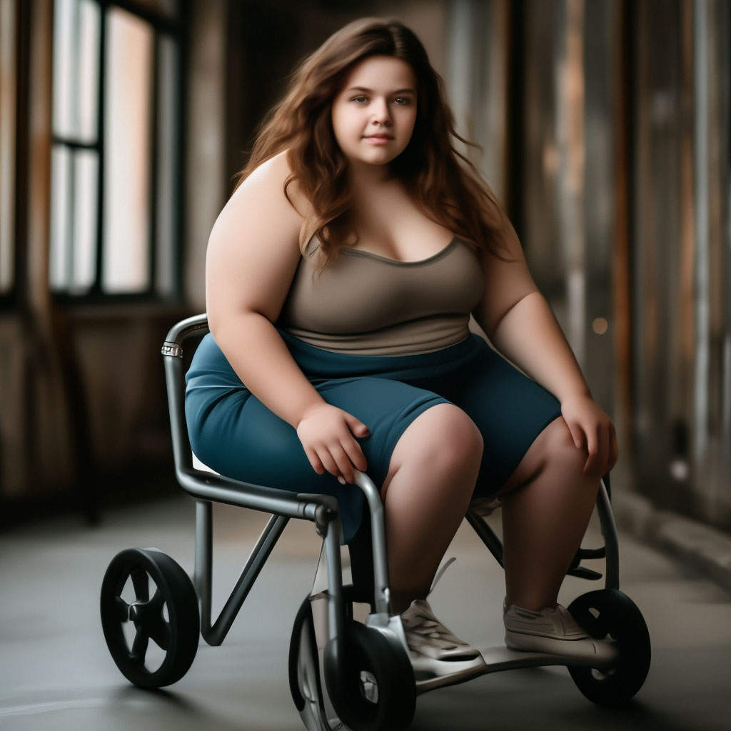 "A cute very fat girl is sitting on a walker on wheels, in full height ...