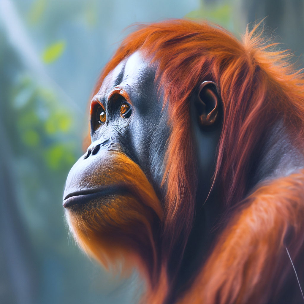"Side view: an orangutan looks into the distance" — image created in ...