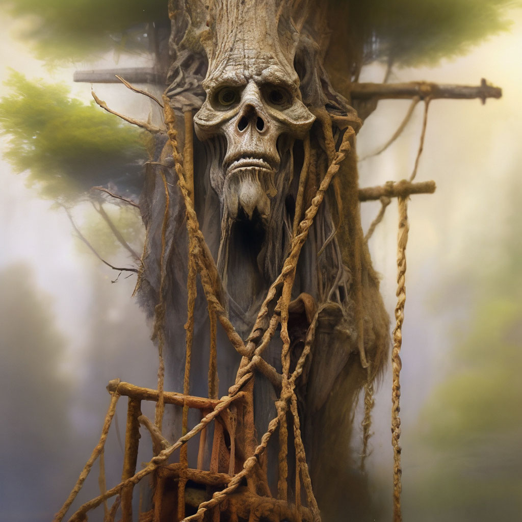 "Layering,wood,threads,transparency,rope,ladder to a tree,grotesque ...