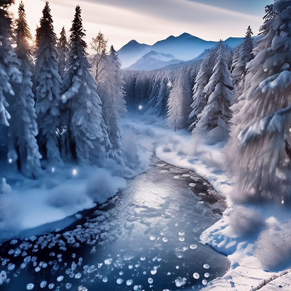 "Large-format image, realistic winter forest landscapes snow-capped ...