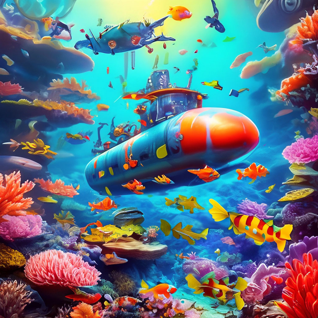"A fantastic submarine floating in the depths of the ocean in the ...