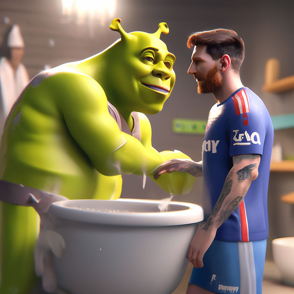 "Shrek washes with Messi, beautiful, realistic, 4k" — image created in ...