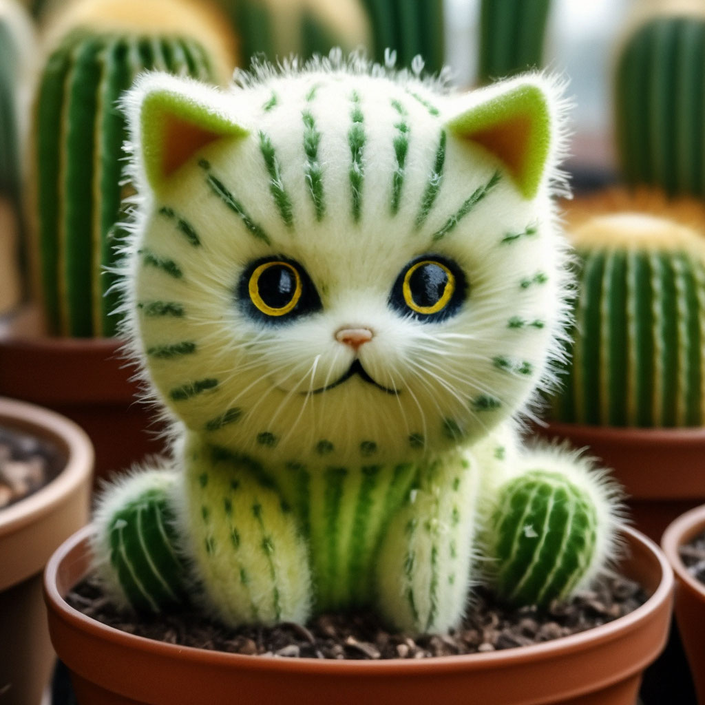 "Round cactus in the form of a kitten with a tail and paws with eyes ...