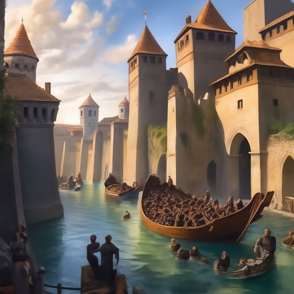 "The siege of a medieval city from the water" — image created in Shedevrum