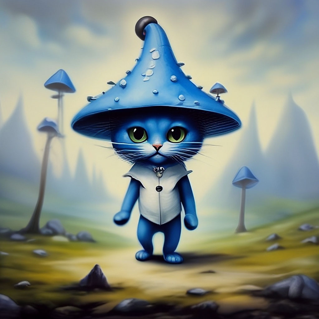 "SHAILUSHAY. a blue, very small cat on two legs. Very black bulging ...