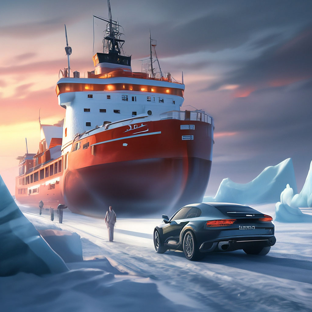"We overtake an icebreaker by car" — image created in Shedevrum