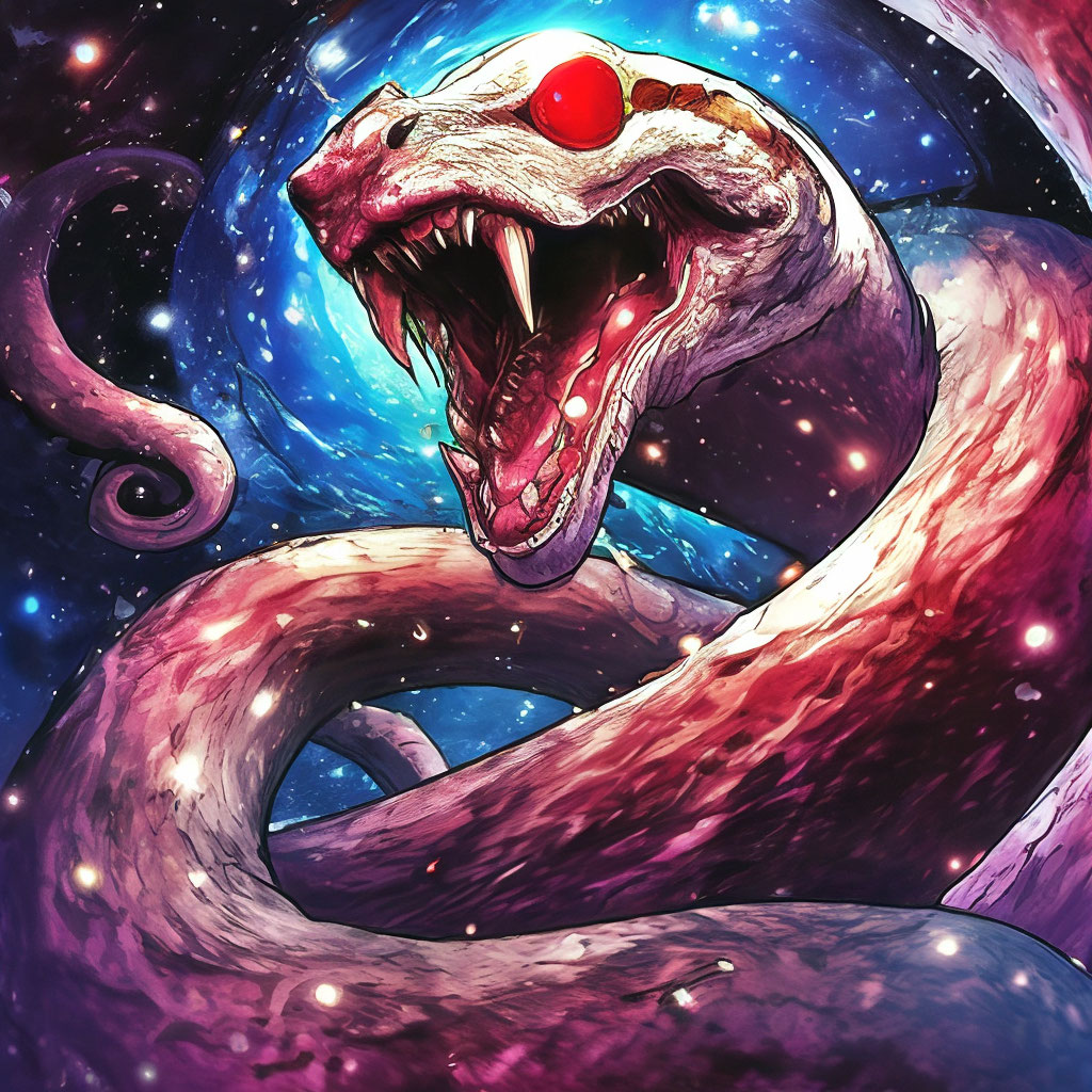 "Spiral galaxy in the center,on the side a huge snake eats the galaxy ...