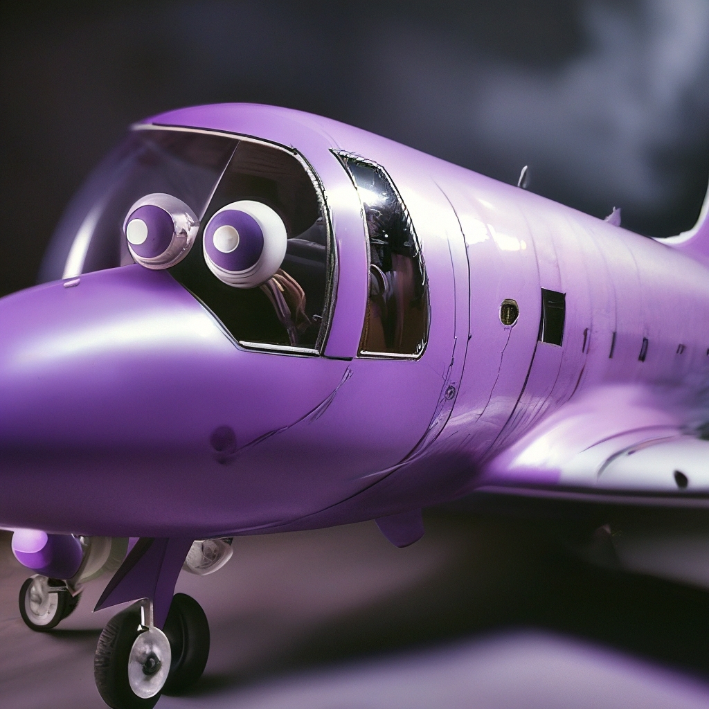 "Purple airplane with a face, nose, big eyes, abnormally long nose ...