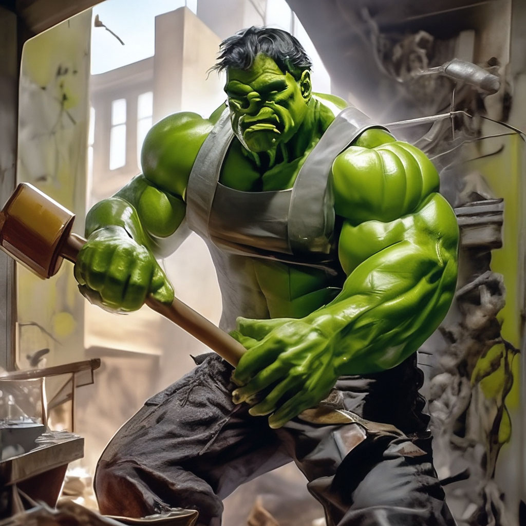 "The hulk in the clothes of a builder, hits the wall of the house with ...