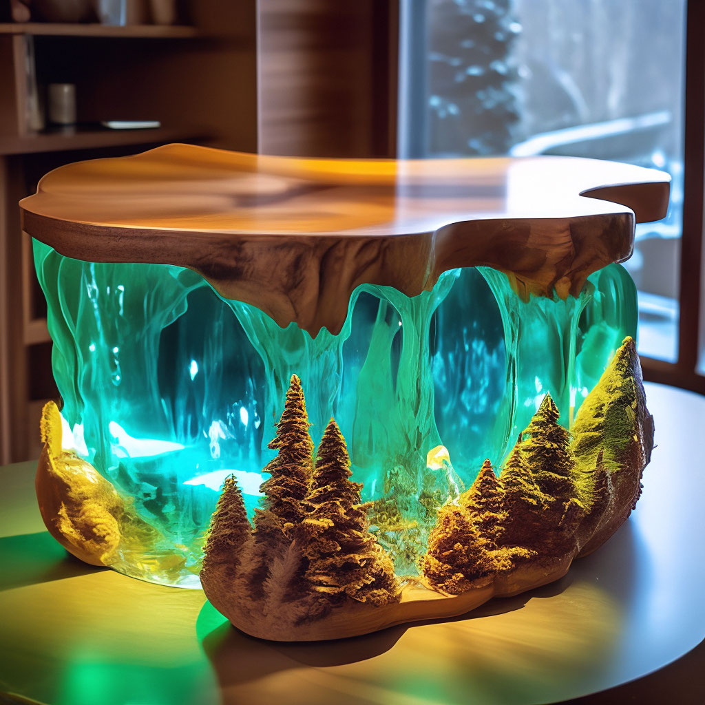 "Glowing magic inside an oak carved table, snowy mountains + trees in ...