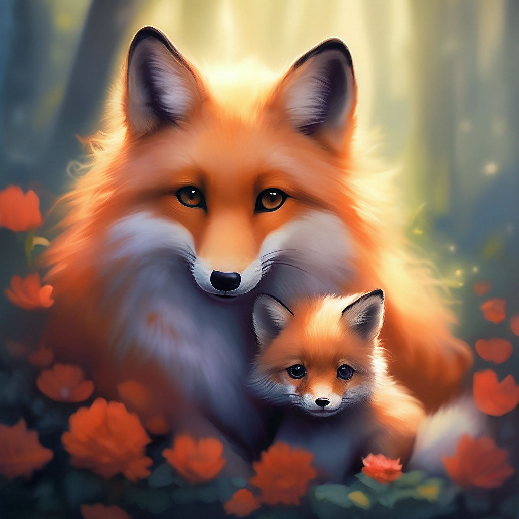 "Beautiful beautiful fluffy fox with her cub" — image created in Shedevrum