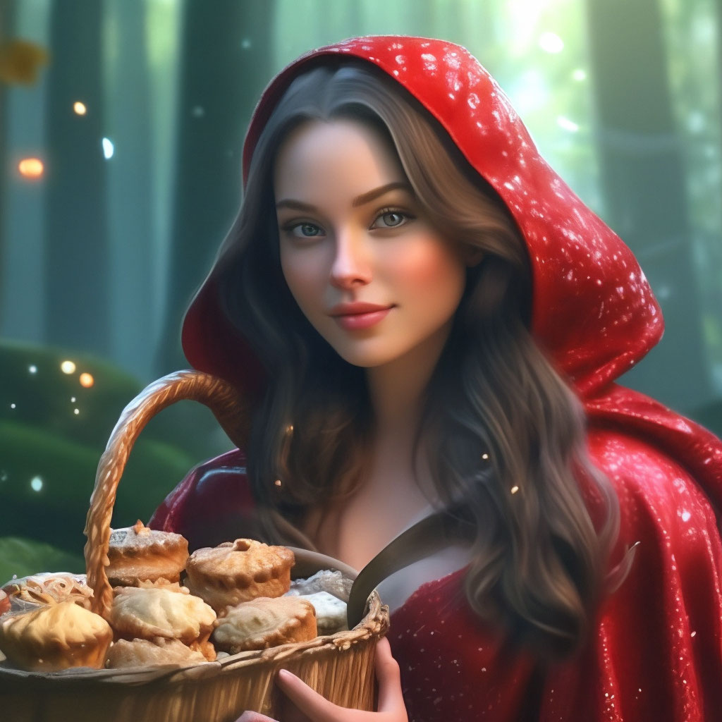 "Little Red Riding Hood walks through the forest, brunette, expressive ...
