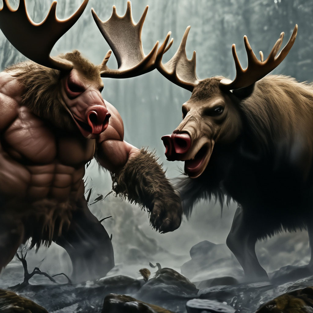 "A giant with a pig's head fights with moose" — image created in Shedevrum