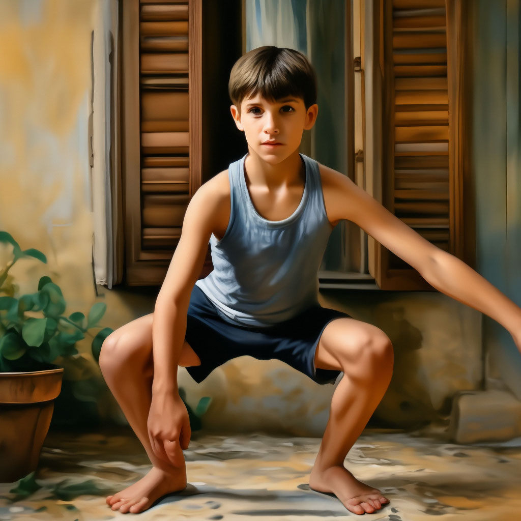 "Against the background of a house with a window and shutters, a boy ...