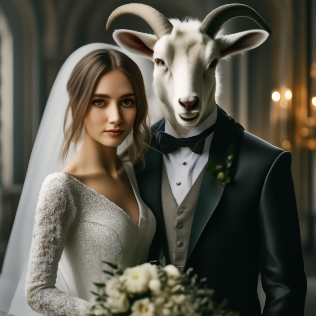 "The bride is a girl with the groom an anthropomorphic white goat ...