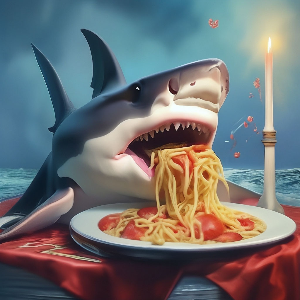 "Shark eating spaghetti" — image created in Shedevrum