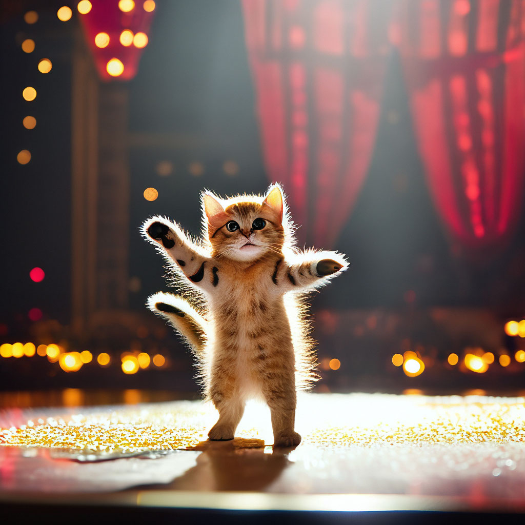 "A little cat is dancing on stage" — image created in Shedevrum