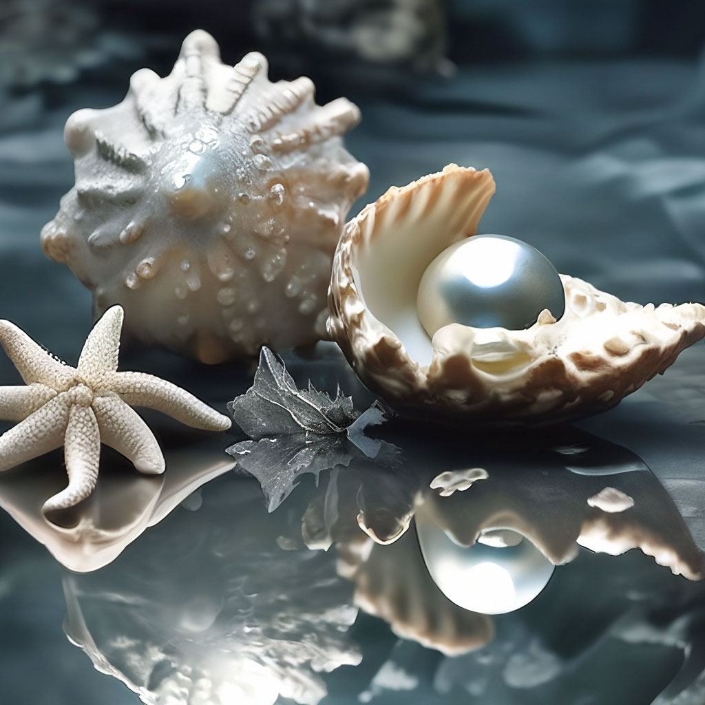 "Starfish, shell, pearl, mirrored floor, realism, finely detailed, dark ...