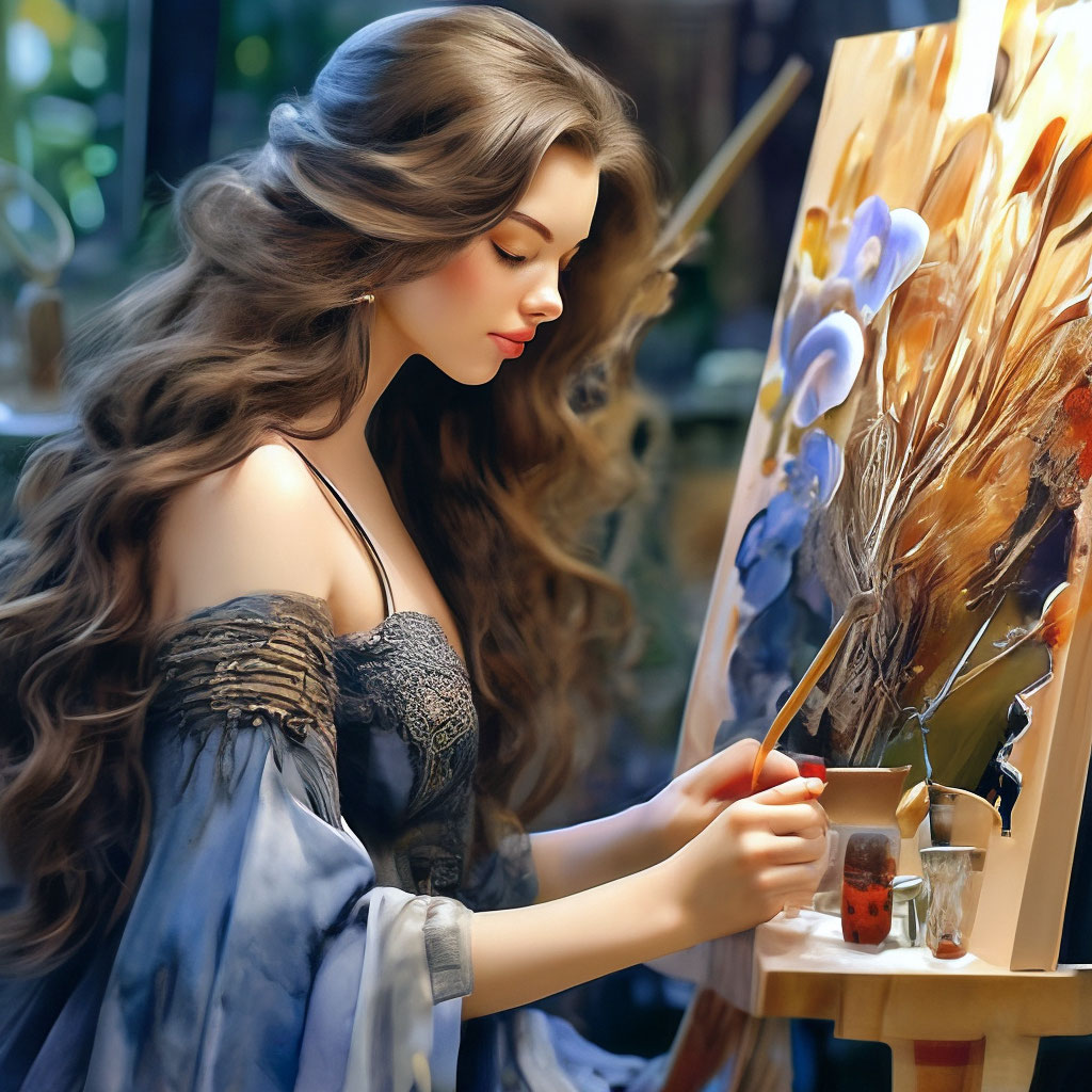 "A beautiful brown-haired girl with long wavy hair, an artist , paints ...
