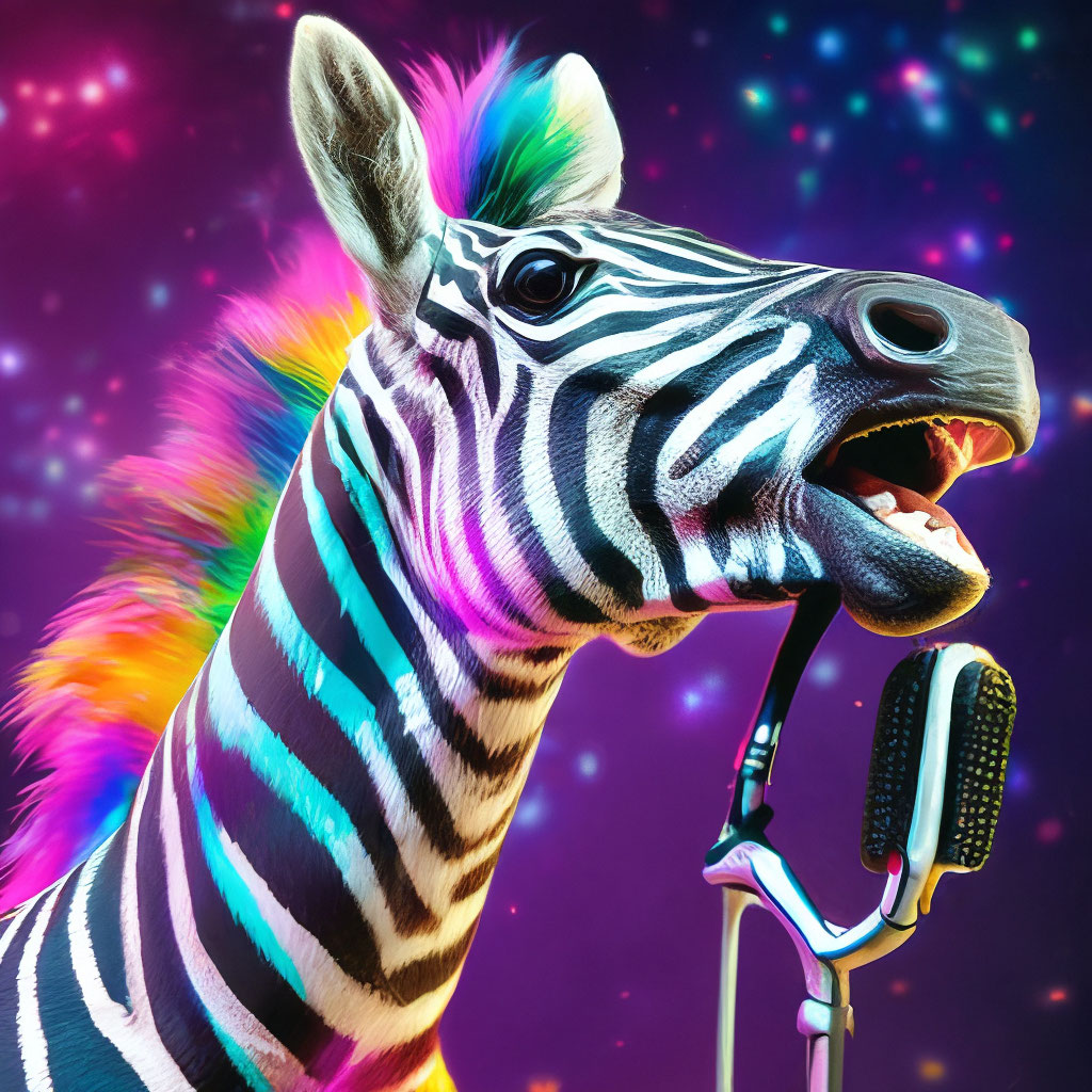 "Zebra with multicolored stripes sings into a microphone, glitter ...