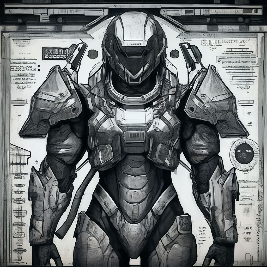 "A sci-fi drawing of combat heavy armor with an automatic targeting ...