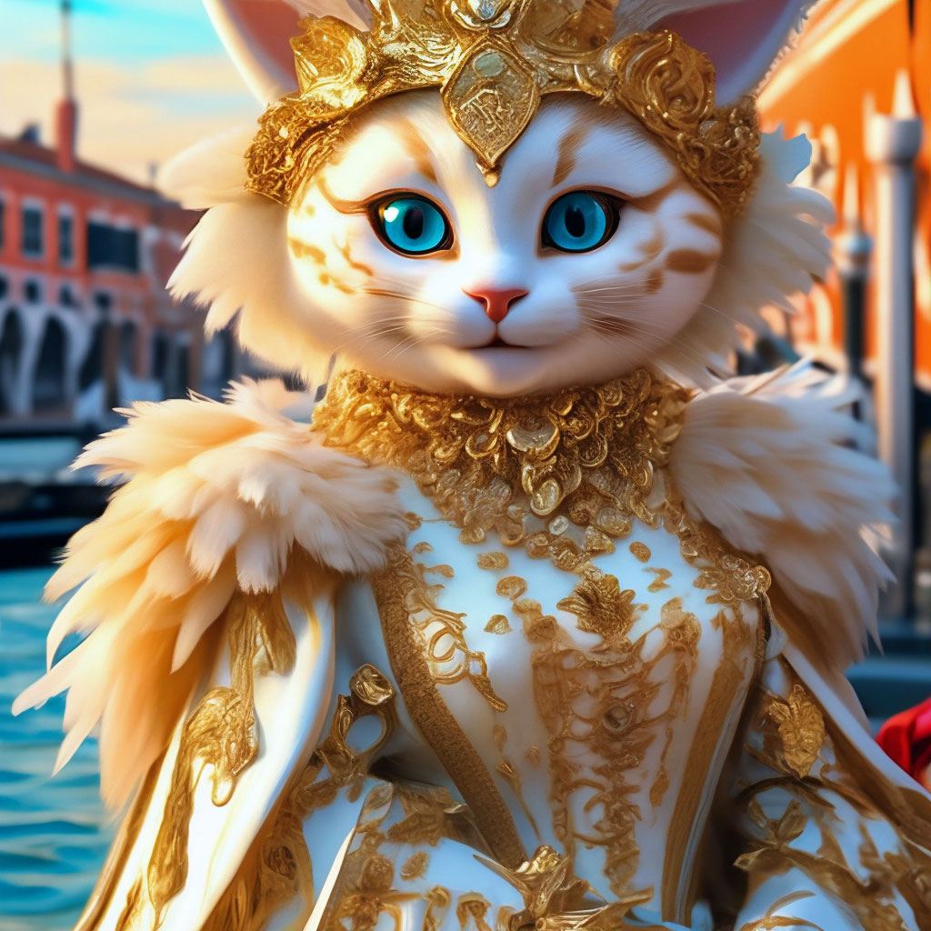 "Anthropomorphic, smiling, big-eyed, sly kitty, at the Venice Carnival ...