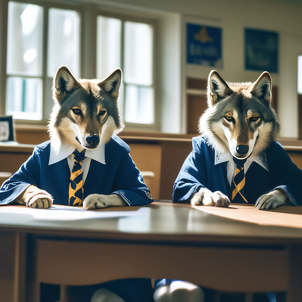 "Two wolves in school uniform sitting at a school desk, aesthetically ...