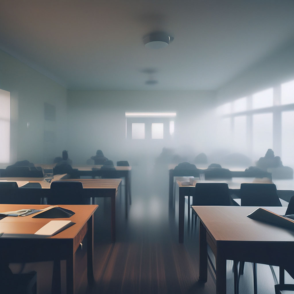 "A classroom at school covered in fog" — image created in Shedevrum