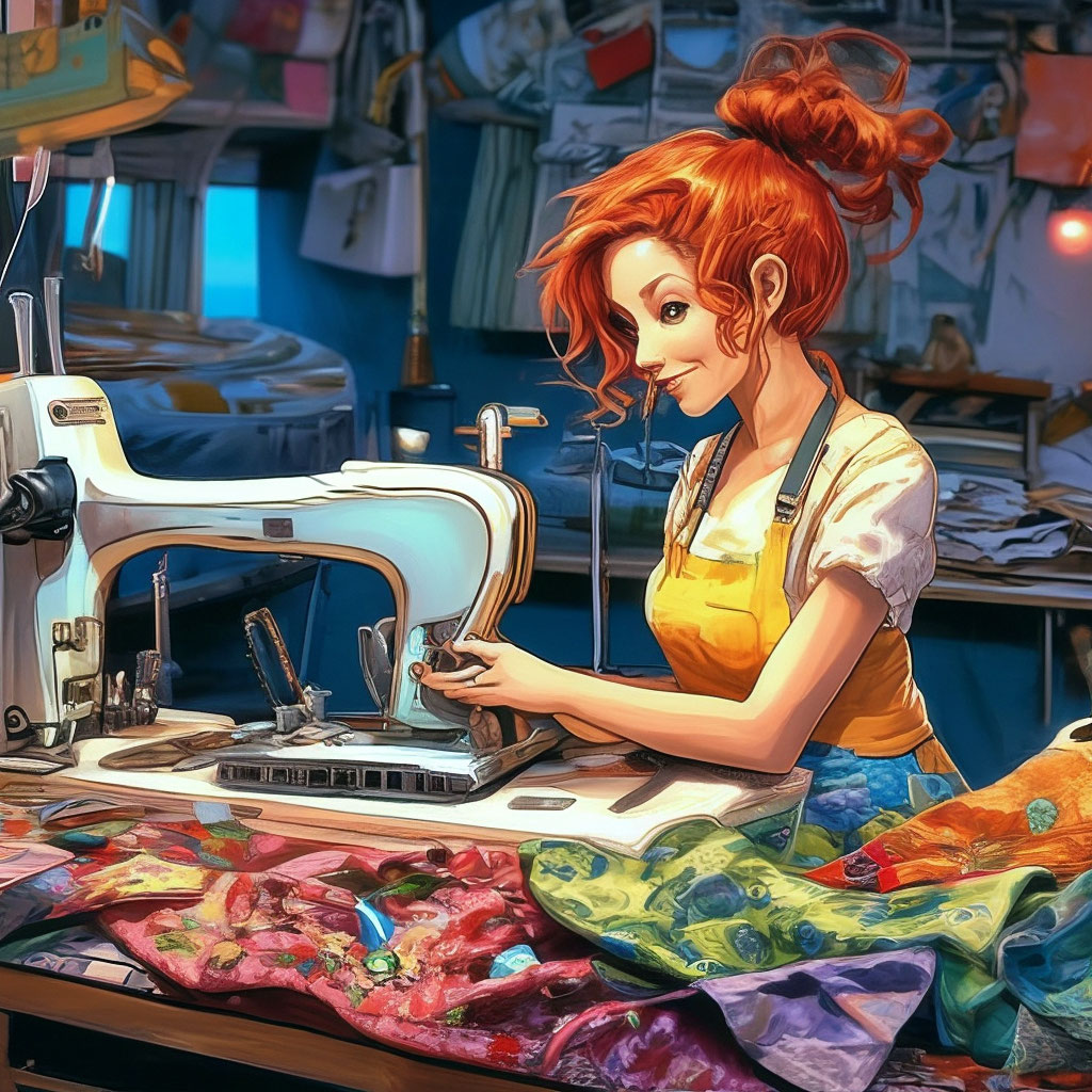 "A clumsy seamstress at a sewing machine, scissors in her hands, her ...