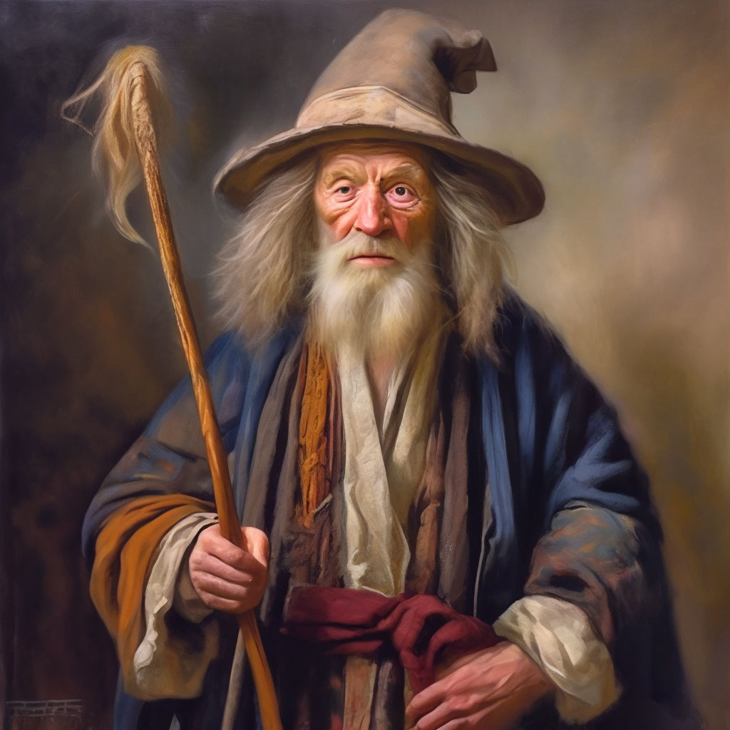 "An ugly old man with a stick in tattered Rembrandt-style clothes ...