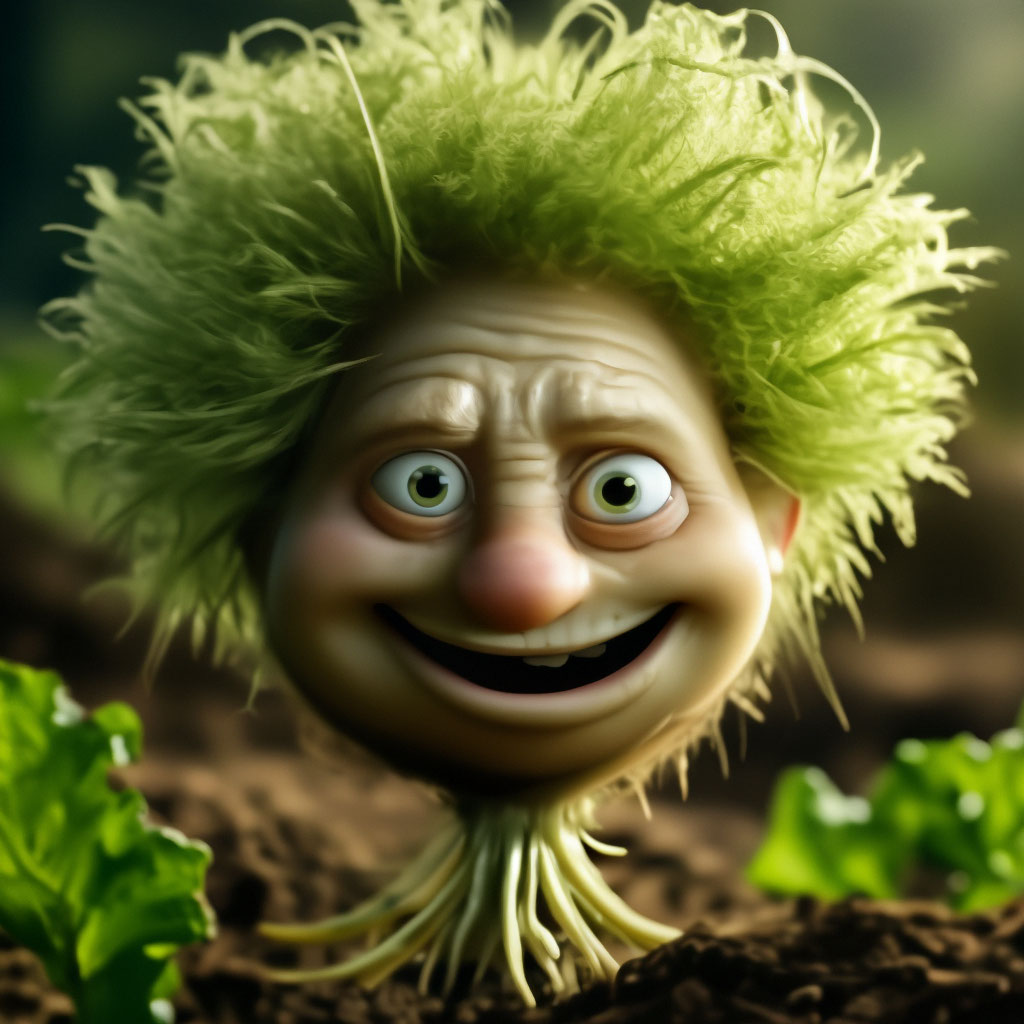 "A living anthropomorphic turnip with eyes with fluffy, shaggy hair ...