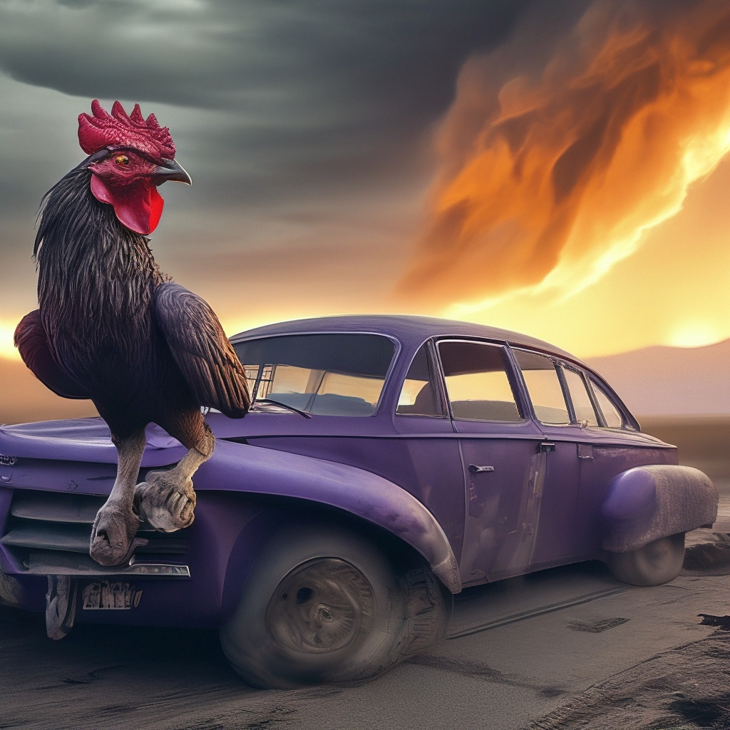 "A rooster in a cap driving a low eggplant-colored car" — image created ...