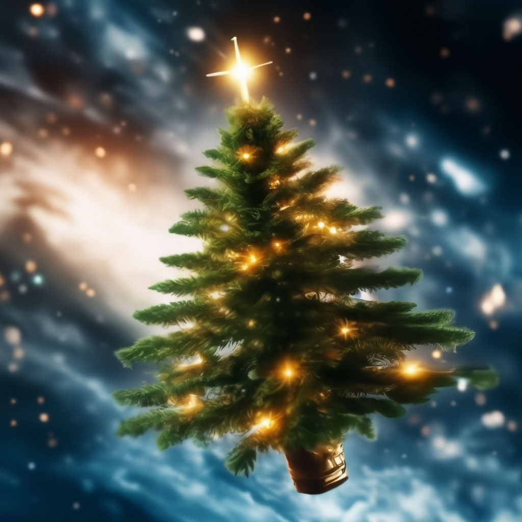 "Christmas tree flying in space, aesthetically pleasing, beautiful ...