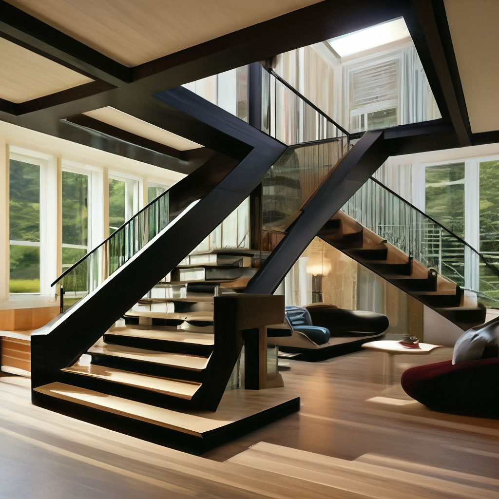 "The interior of a two-level room with stairs in the Escher style is ...