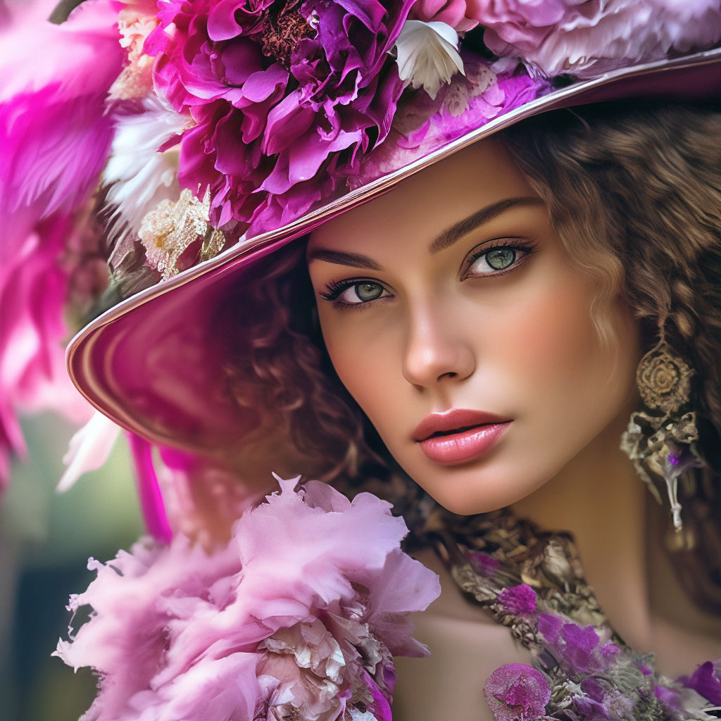 "Photo portrait photorealism, charming woman, in fuchsia dress and hat ...