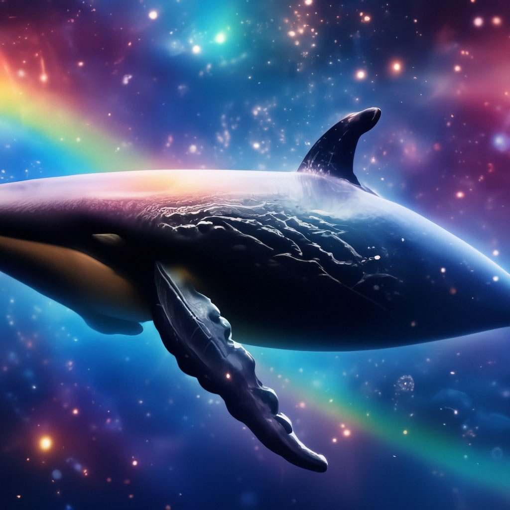 "Beautiful big whale flying in space among the stars, rainbow glow, 4k ...