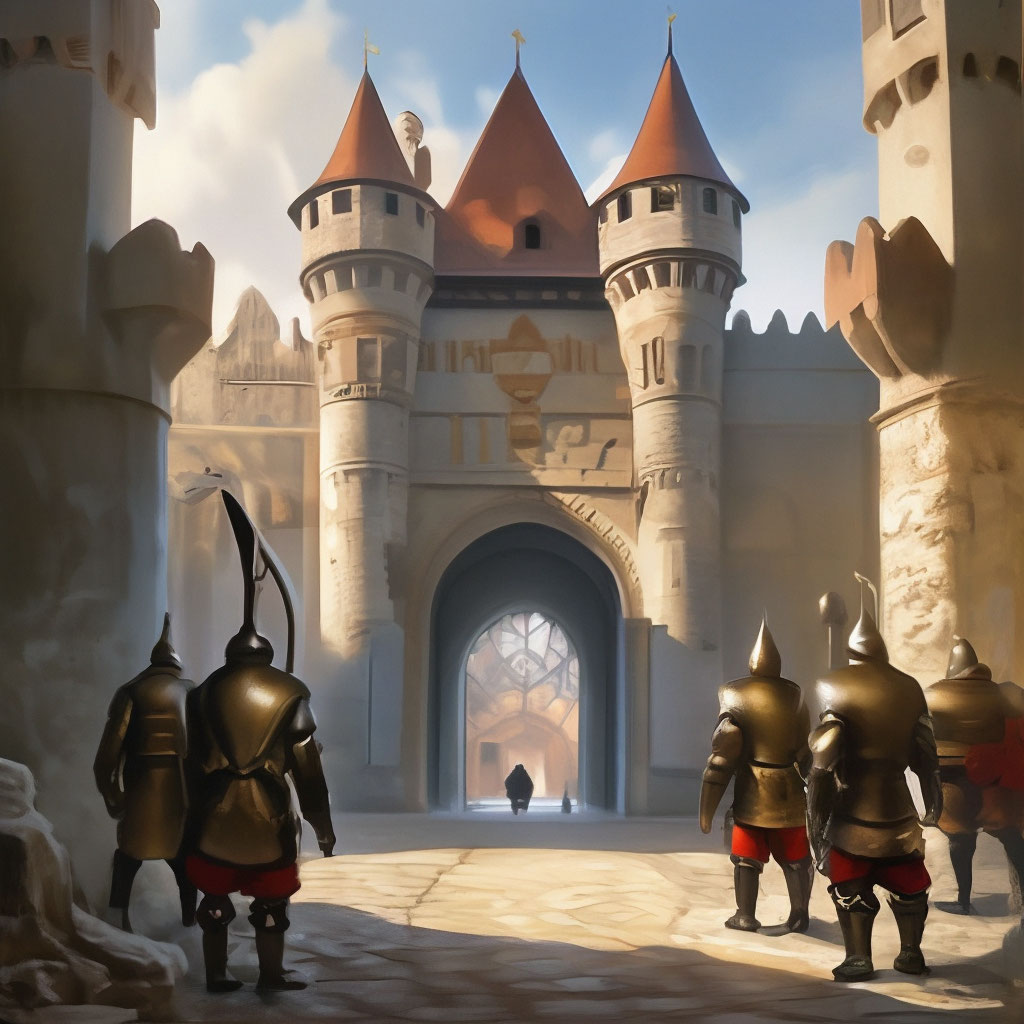 "The open gates of a medieval castle with guards" — image created in ...