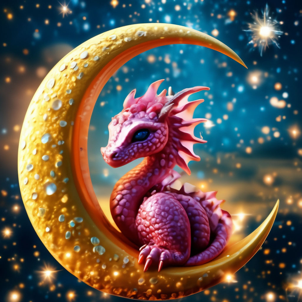 "A small pink dragon sleeps on a yellow crescent moon.The background is ...