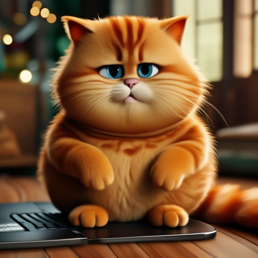 "A fat red-haired cat with small paws listens to music from the cartoon ...