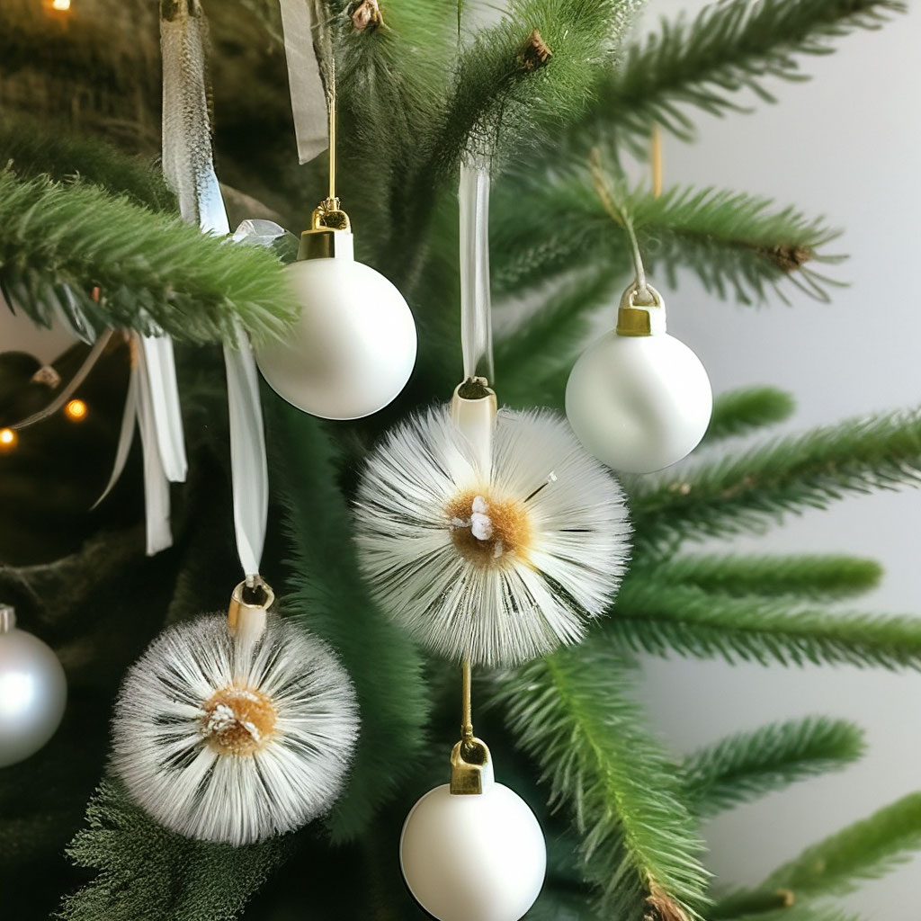 "Christmas tree with white dandelions hanging on branches, photorealism ...