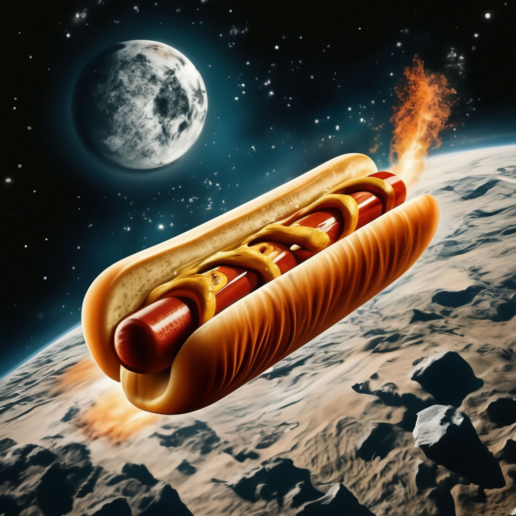 "Hot dog flight to the moon, advertisement, poster of the 70s, comic ...