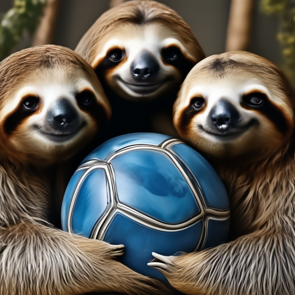 "A keepsake photo, 3 sloths, which is in the middle, holding the ball ...
