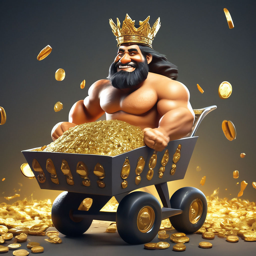 "Beautiful,brutal macho + crown + carries a wheelbarrow with gold coins ...