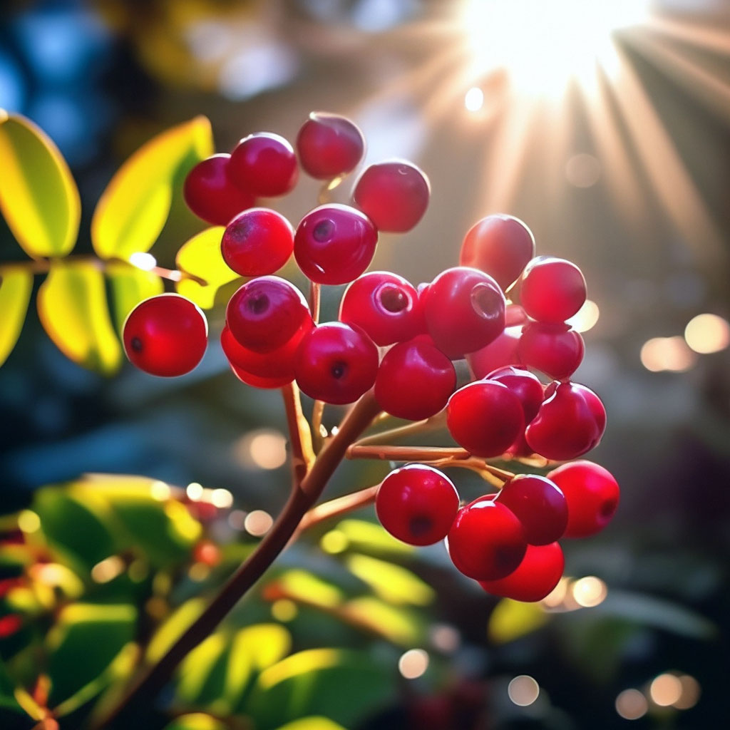 "Ruby berries, Sunshine light in the garden of the dean. A rowan brush ...