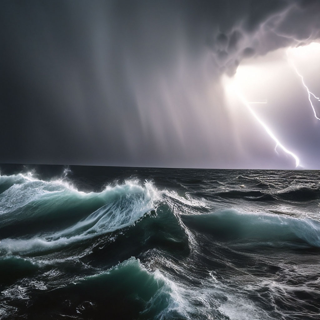 "A terrible storm with a thunderstorm at sea, high waves, black clouds ...