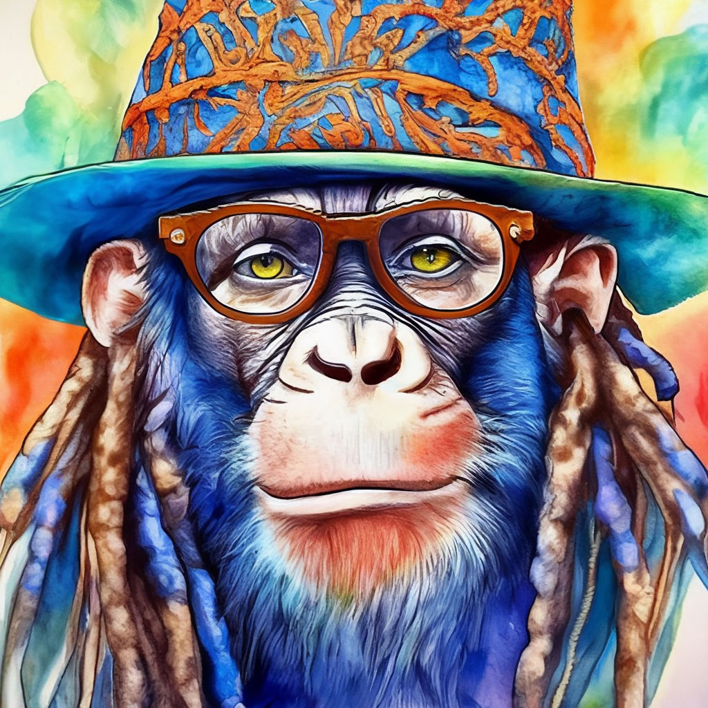 "Anthropomorphic large beautiful face of a monkey in a hat with ...
