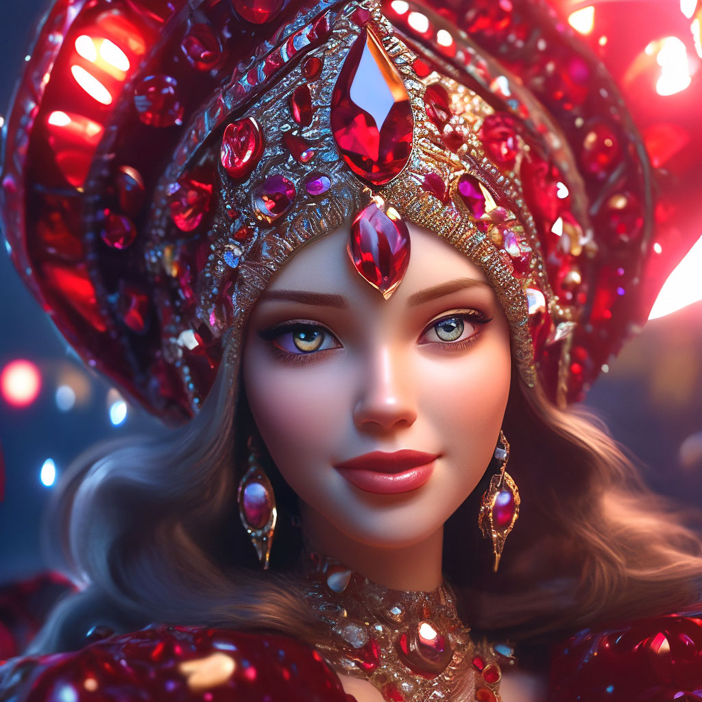 "Magical girl, maroon kokoshnik, garnets and rubies, hyperrealism ...