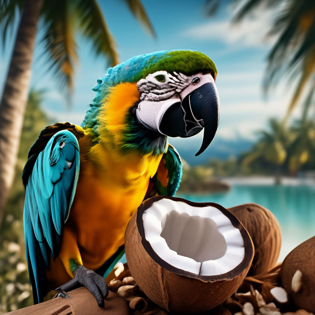 "Macaw parrot eats coconut 🦜 🥥 palm trees, sea, beautiful, realistic ...