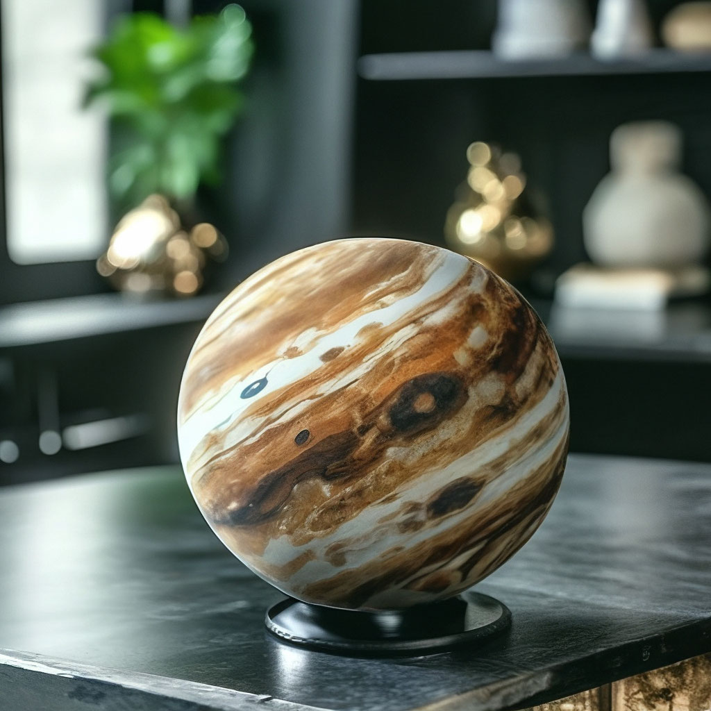 "Metal 3D model of the planet Jupiter stands on a black matte table ...