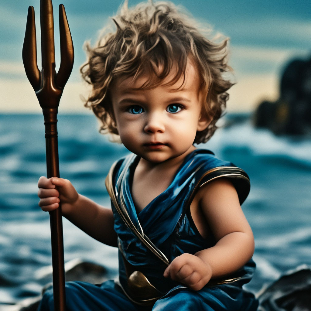 "The toddler in the image of Poseidon with a trident, the blue ocean ...